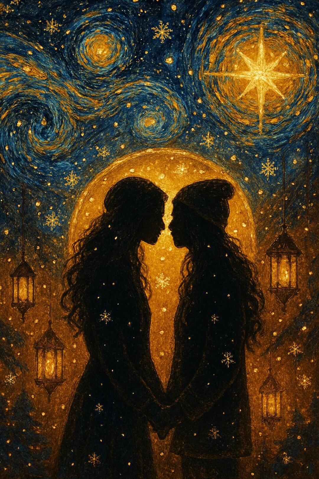 Starry Night Lesbian Christmas T Golden Boho Sapphic Wall Art Etsy
