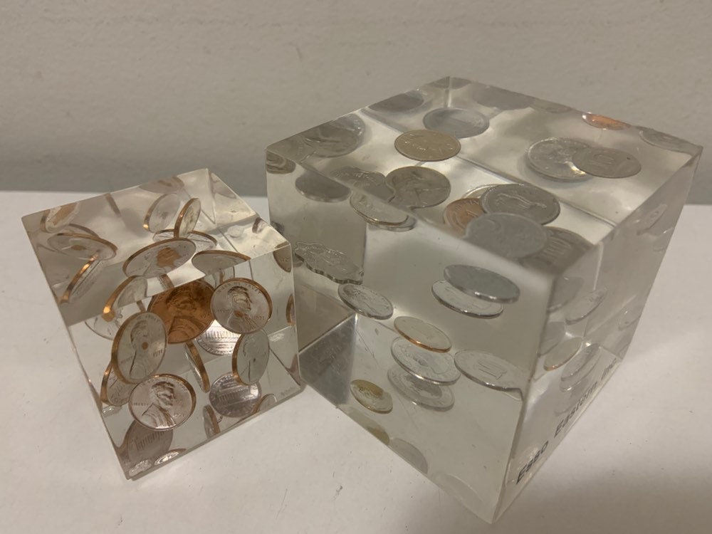 Set of 2 Lucite Paperweight Coin Cubes Vintage Office Swag - Etsy