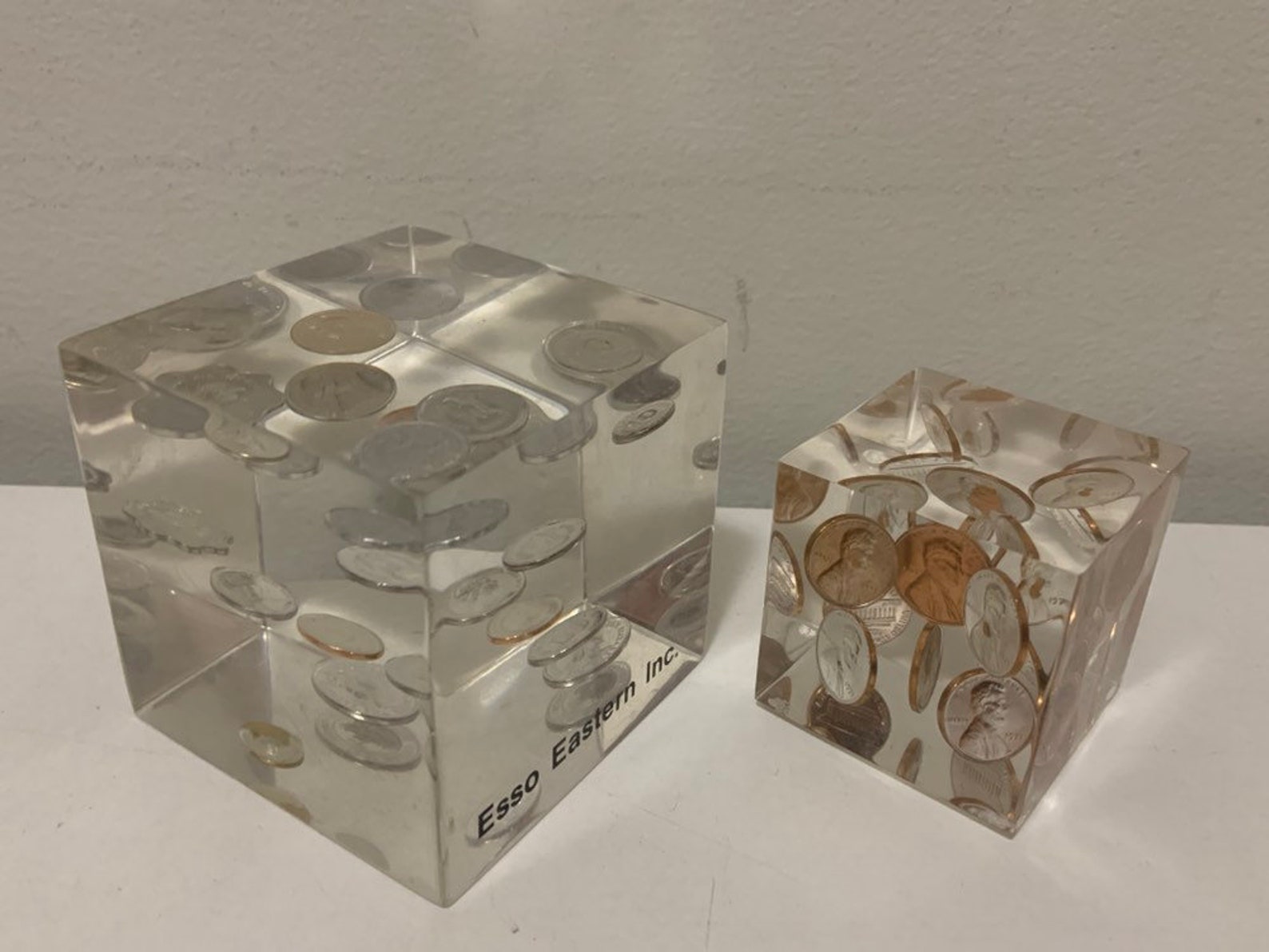 Set of 2 Lucite Paperweight Coin Cubes Vintage Office Swag - Etsy
