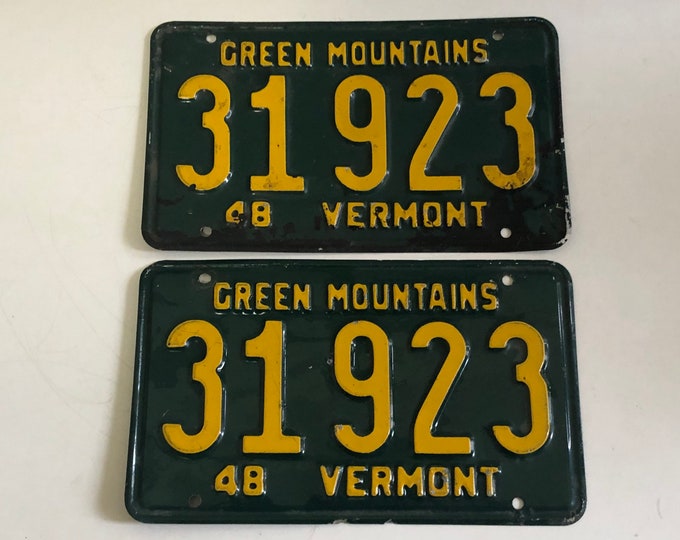 Pair of 1948 Vermont License Plates Green W/ Yellow Antique Metal Tags ...