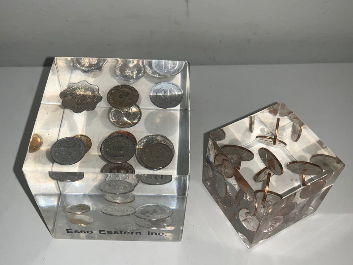 Set of 2 Lucite Paperweight Coin Cubes Vintage Office Swag - Etsy
