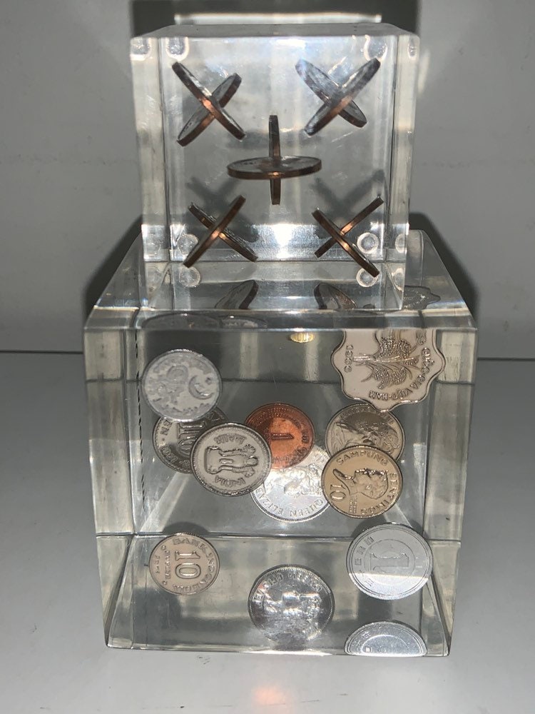 Set of 2 Lucite Paperweight Coin Cubes Vintage Office Swag - Etsy