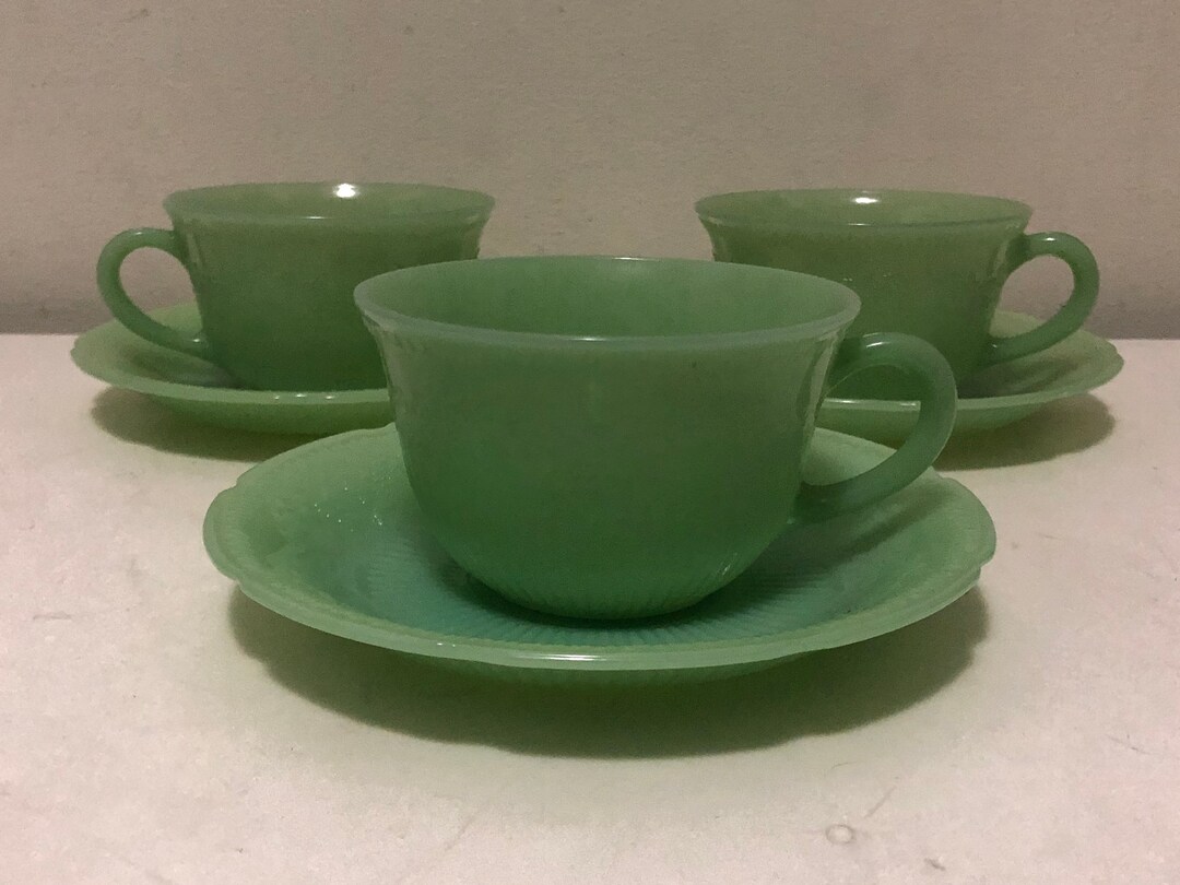 Set of 3 Fire King Jadeite: Jane Ray Tea Cups & Saucers 6 Pc Lot ...