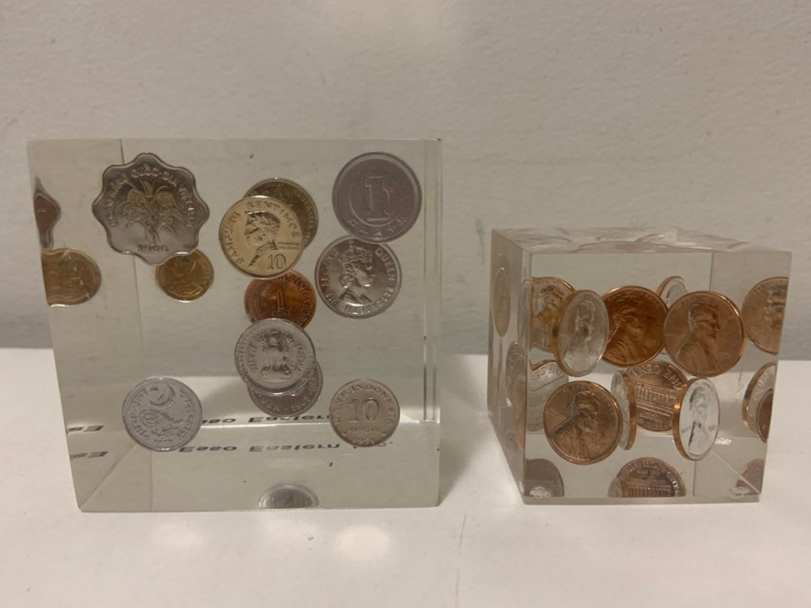 Set of 2 Lucite Paperweight Coin Cubes Vintage Office Swag - Etsy