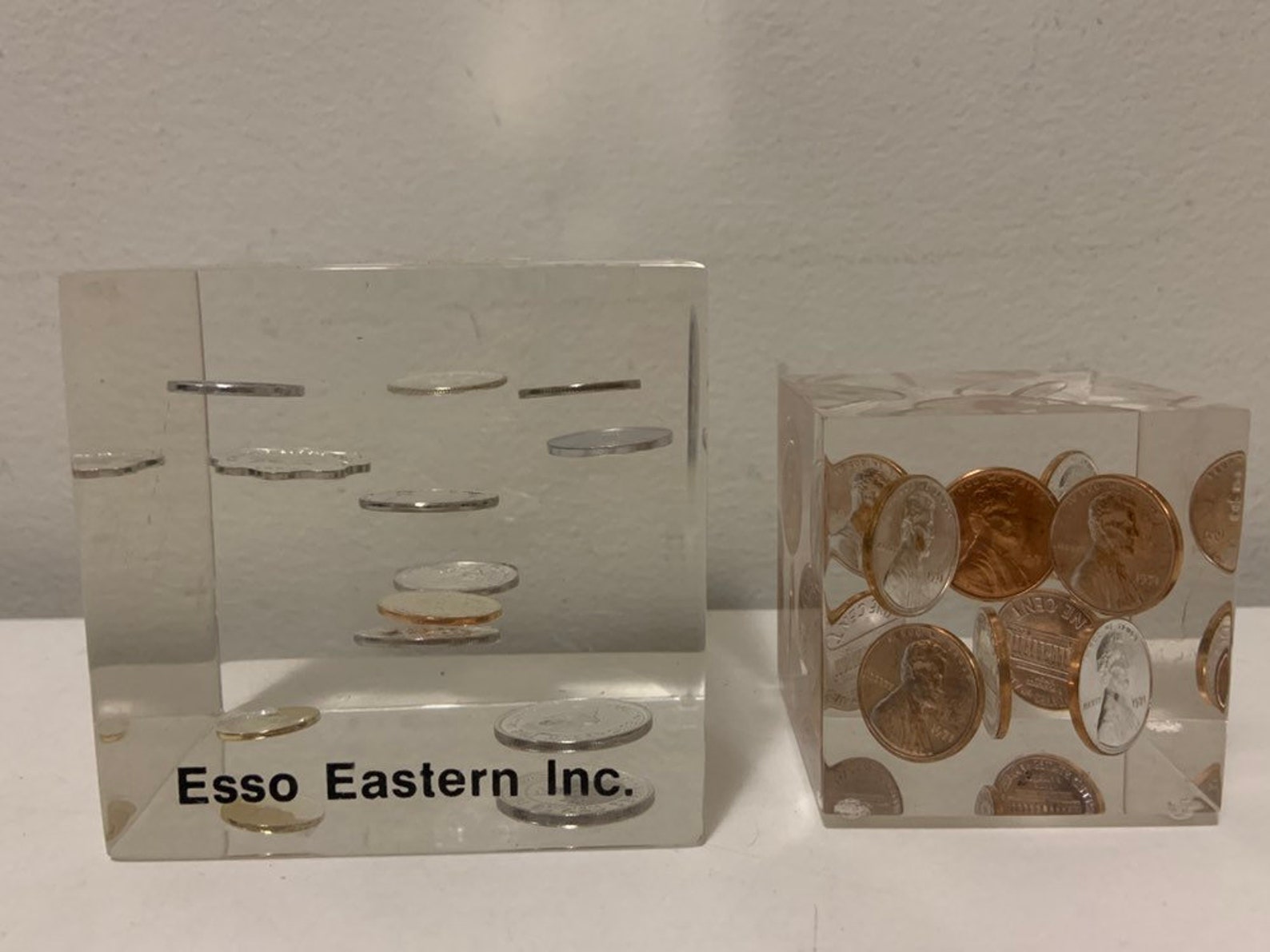 Set of 2 Lucite Paperweight Coin Cubes Vintage Office Swag - Etsy