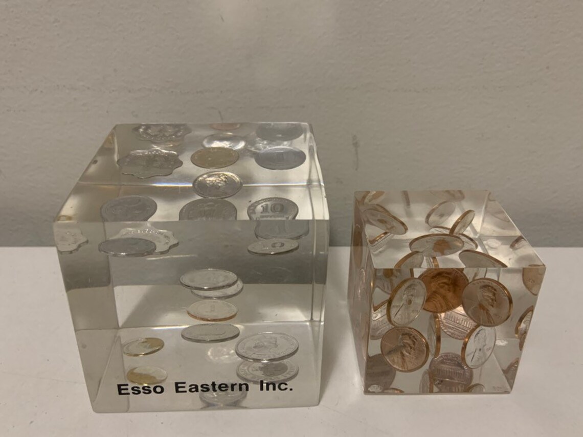 Set of 2 Lucite Paperweight Coin Cubes Vintage Office Swag - Etsy