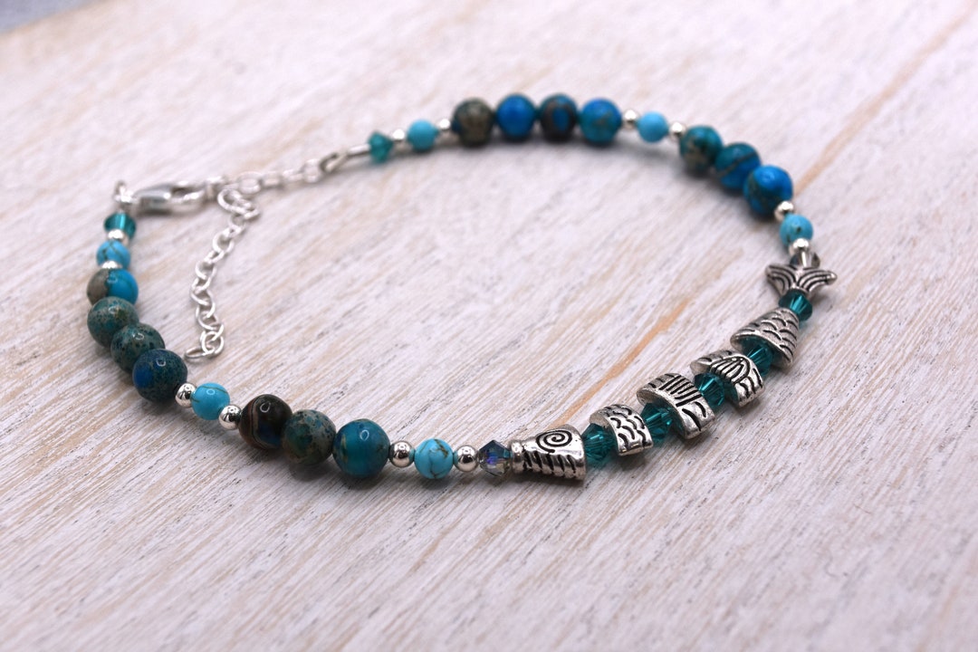 Adjustable Blue Agate Fish Bead Ankle Bracelet, Sterling Silver - Etsy