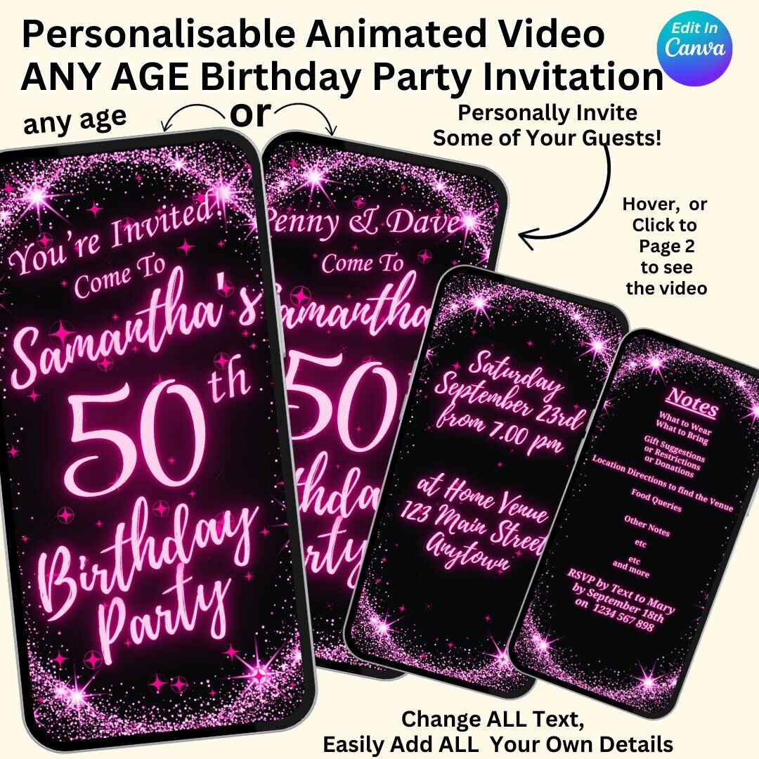 Personalized Guests Name, Pink Sparkles Ladies ANY AGE Birthday Party ...