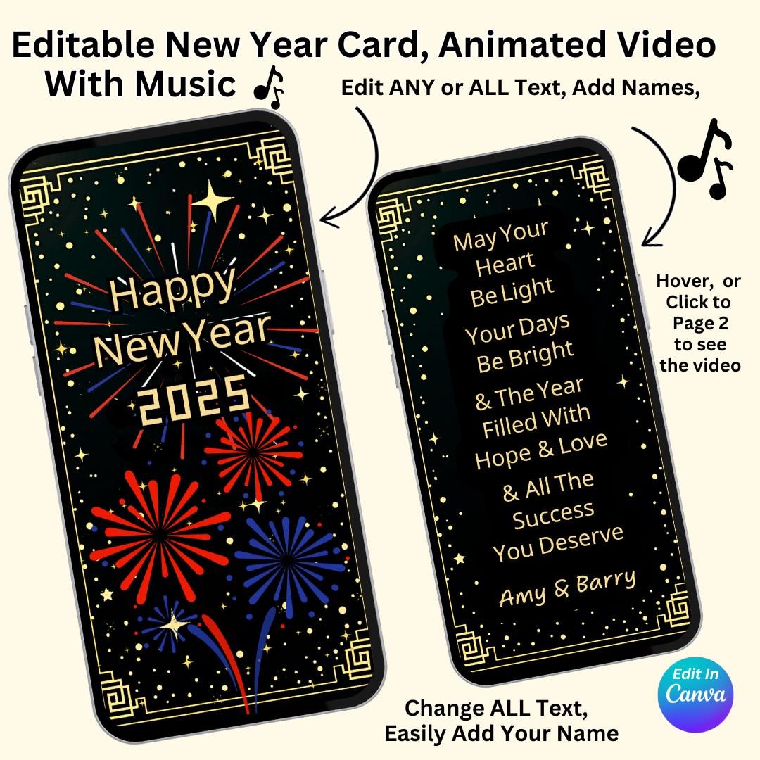 Editable Animated Video New Year 2025 Card E Card Fireworks Celebration ...