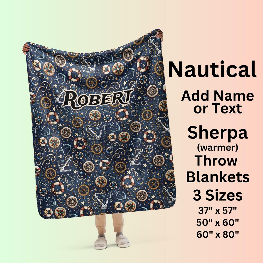 Customize Name Text, Nautical Theme Anchors, Compass on Blue Sherpa ...