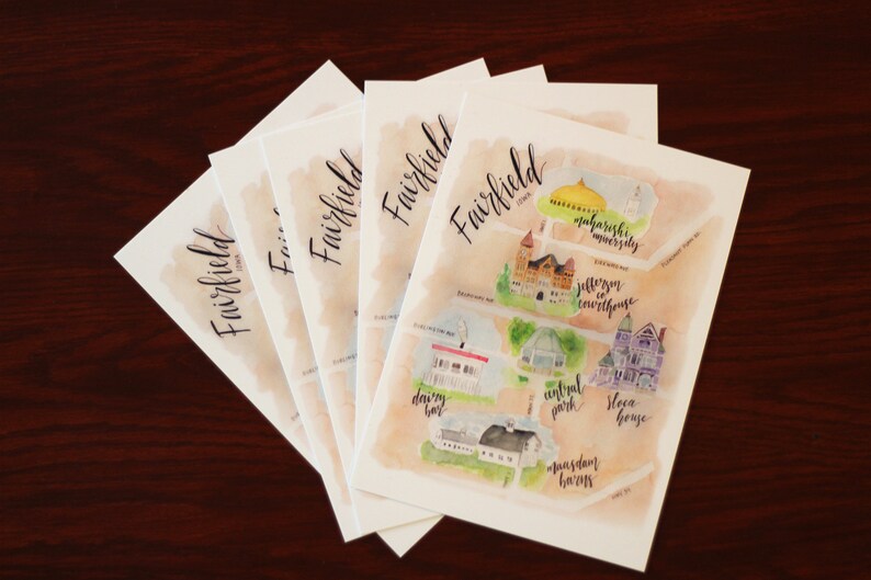 Fairfield Iowa Watercolor Map Print Free Shipping Home Decor Greeting ...