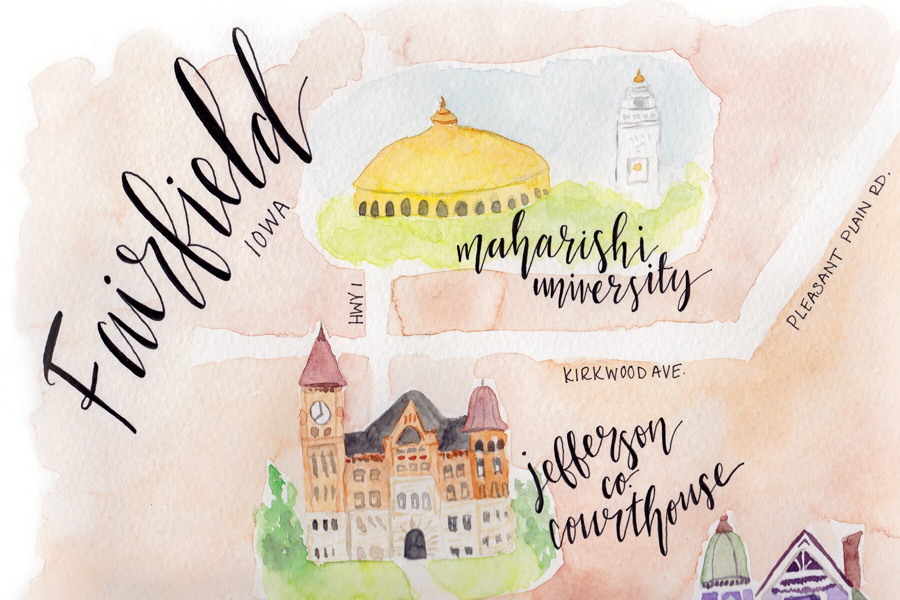 Fairfield Iowa Watercolor Map Print Free Shipping Home - Etsy