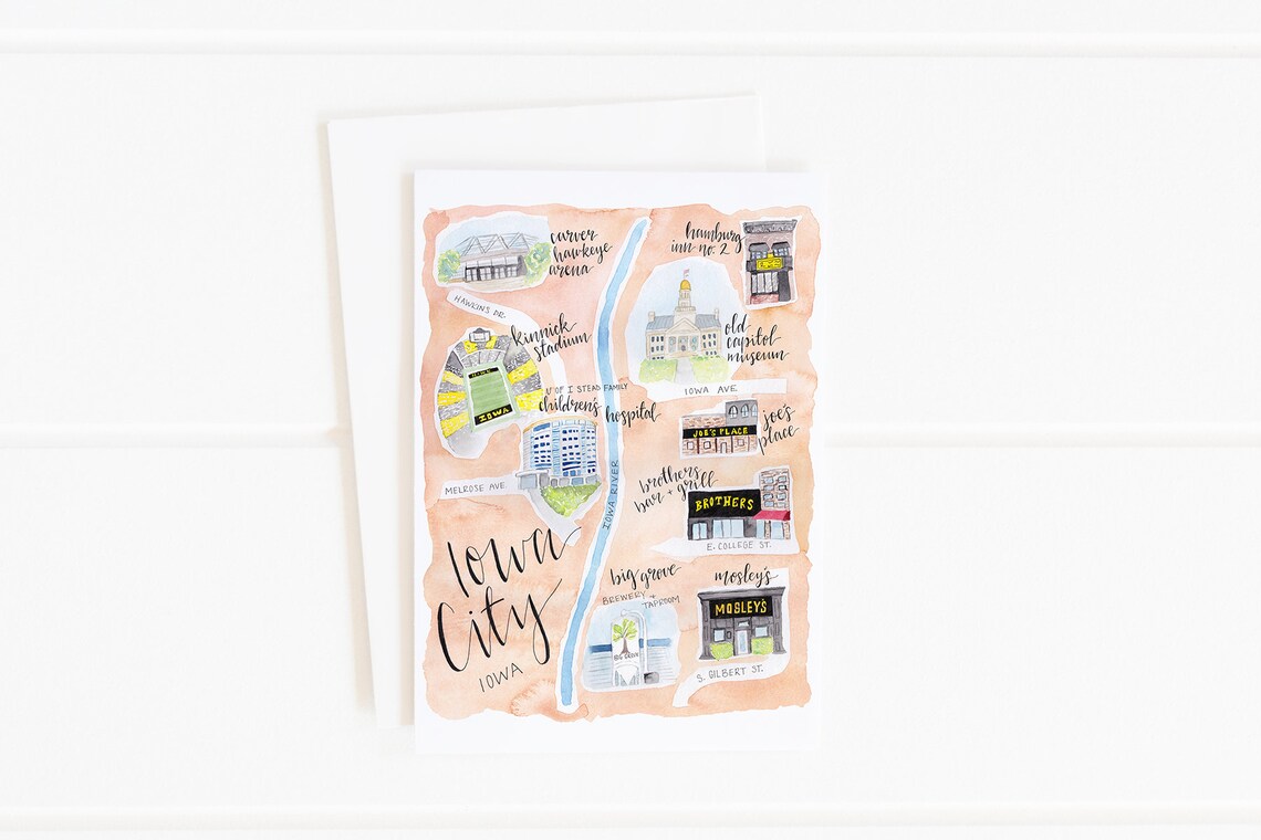 Iowa City Watercolor Map Print Greeting Cards Free - Etsy