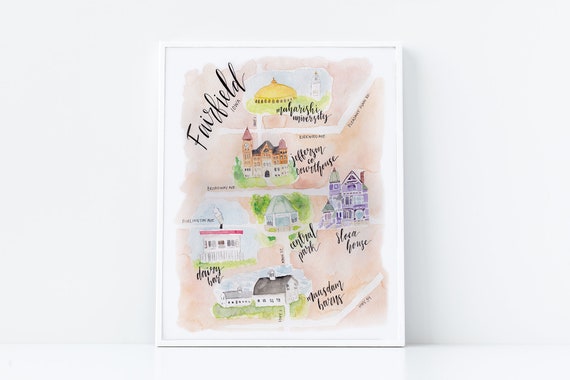 Fairfield Iowa Watercolor Map Print Free Shipping Home - Etsy