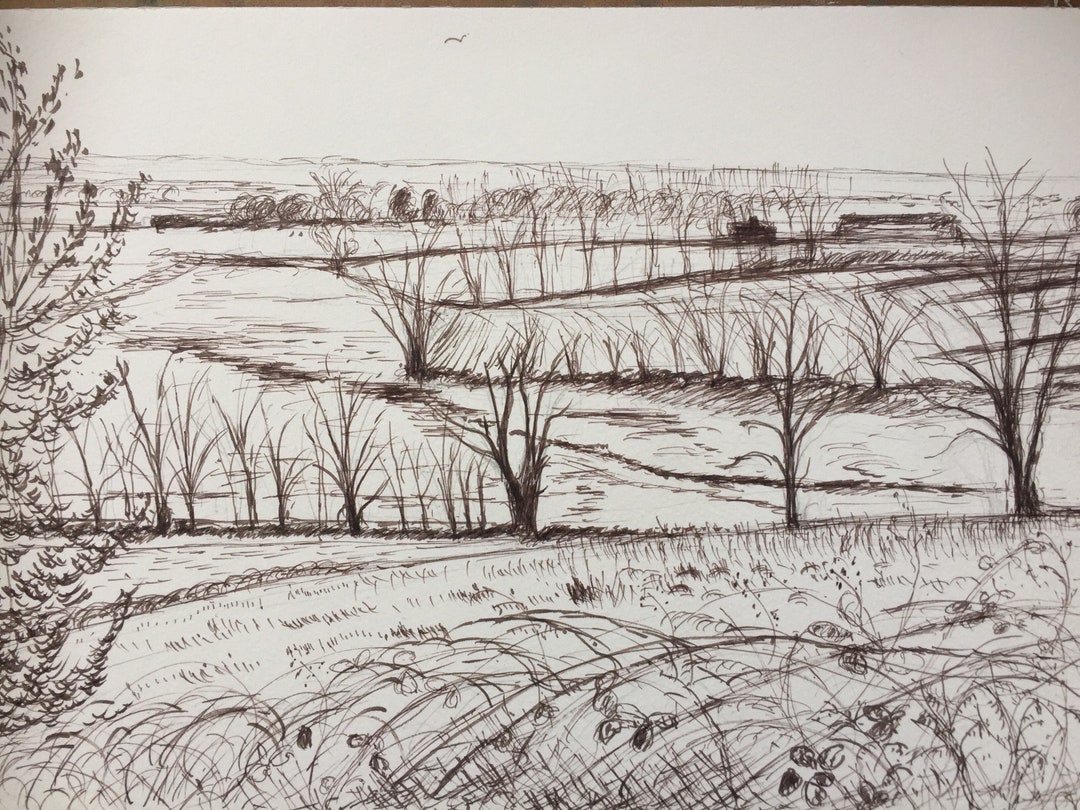 An Original Landscape Pen and Ink Sketch Winter in the Deben Valley ...