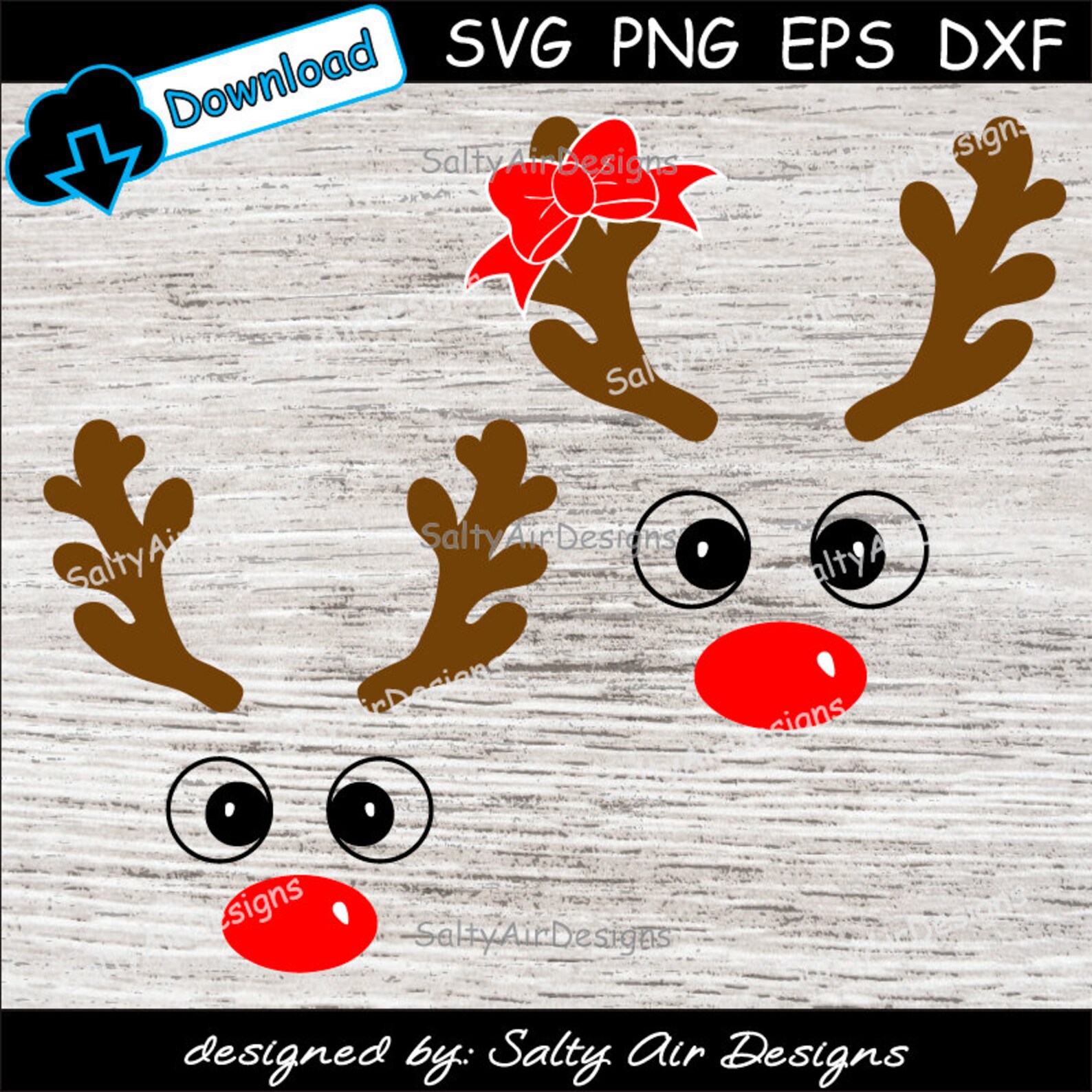 Reindeer SVG - Reindeer Face With Antlers and Red Nose - Christmas ...