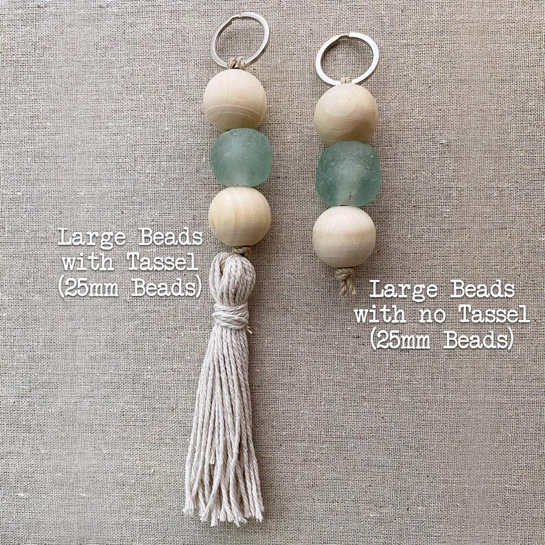 Sea Glass and Natural Wood Bead Keychain, Beach Keychain, Boho Style ...