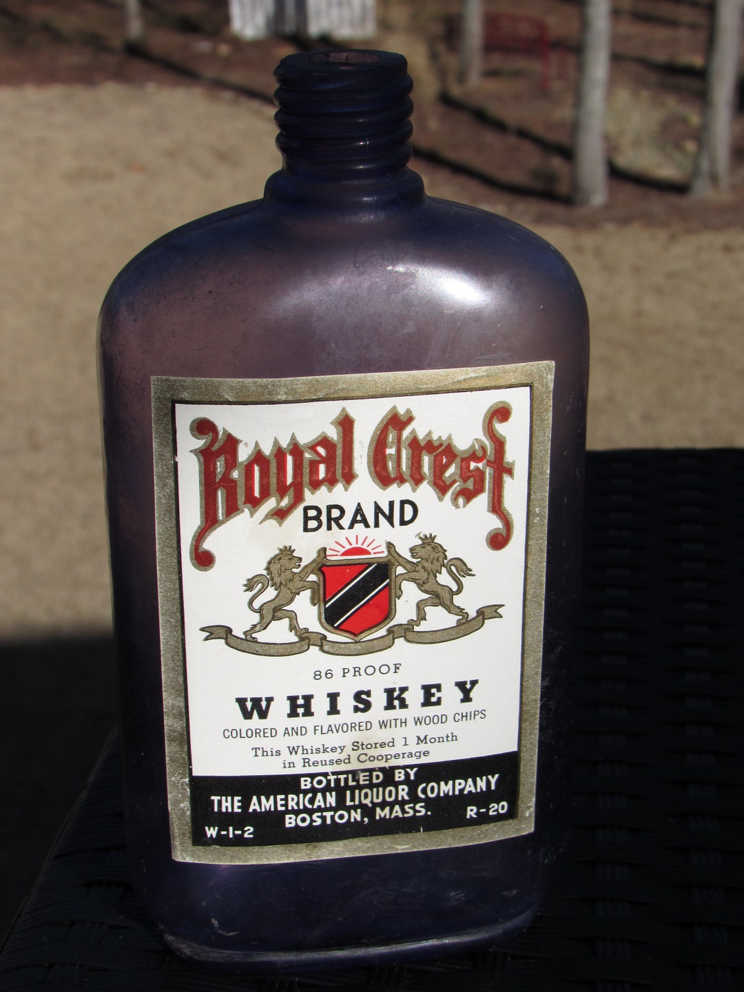 AMETHYST BOTTLE Royal Crest Whiskey American Liquor Co. Boston Paper ...