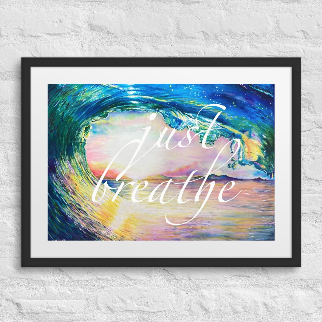 Framed BREATHE Poster, Yoga Reminder Print, Rainbow Ocean Shoreline ...