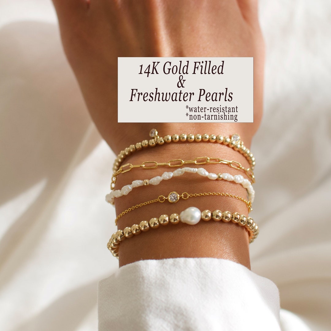 Gold Beaded Bracelets, Pearl Gold Beaded Bracelets, Layering Bracelets, Freshwater Pearl ...