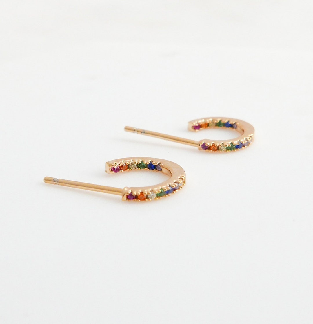 Rainbow Hoops, Multicolored Tiny Hoop Earrings, Rainbow Small Hoops ...