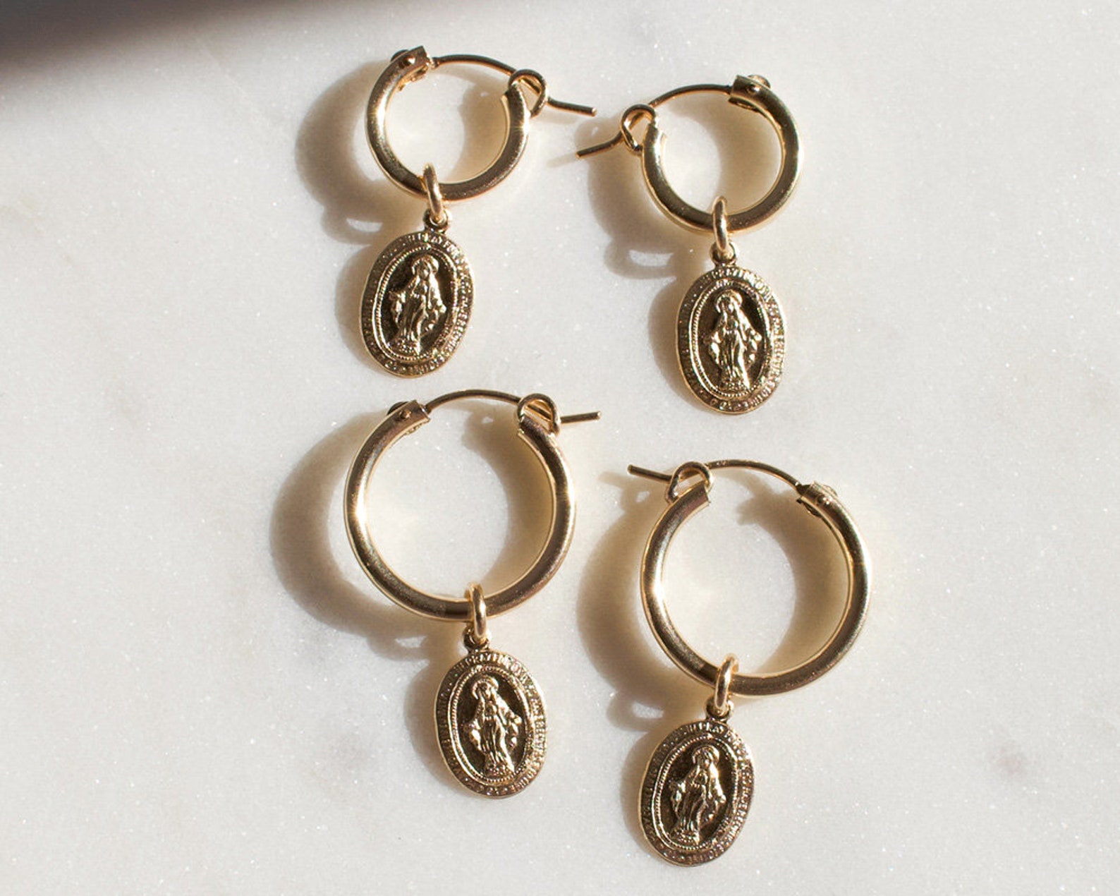 Gold Hoop Earrings With Charm Mary Medallion Hoop Earrings | Etsy