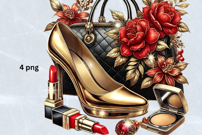 Gold Radiant Heels, Red Roses Clipart, Gold Heels Clipart, Fashion Art PNG, High Heels & Crown ...