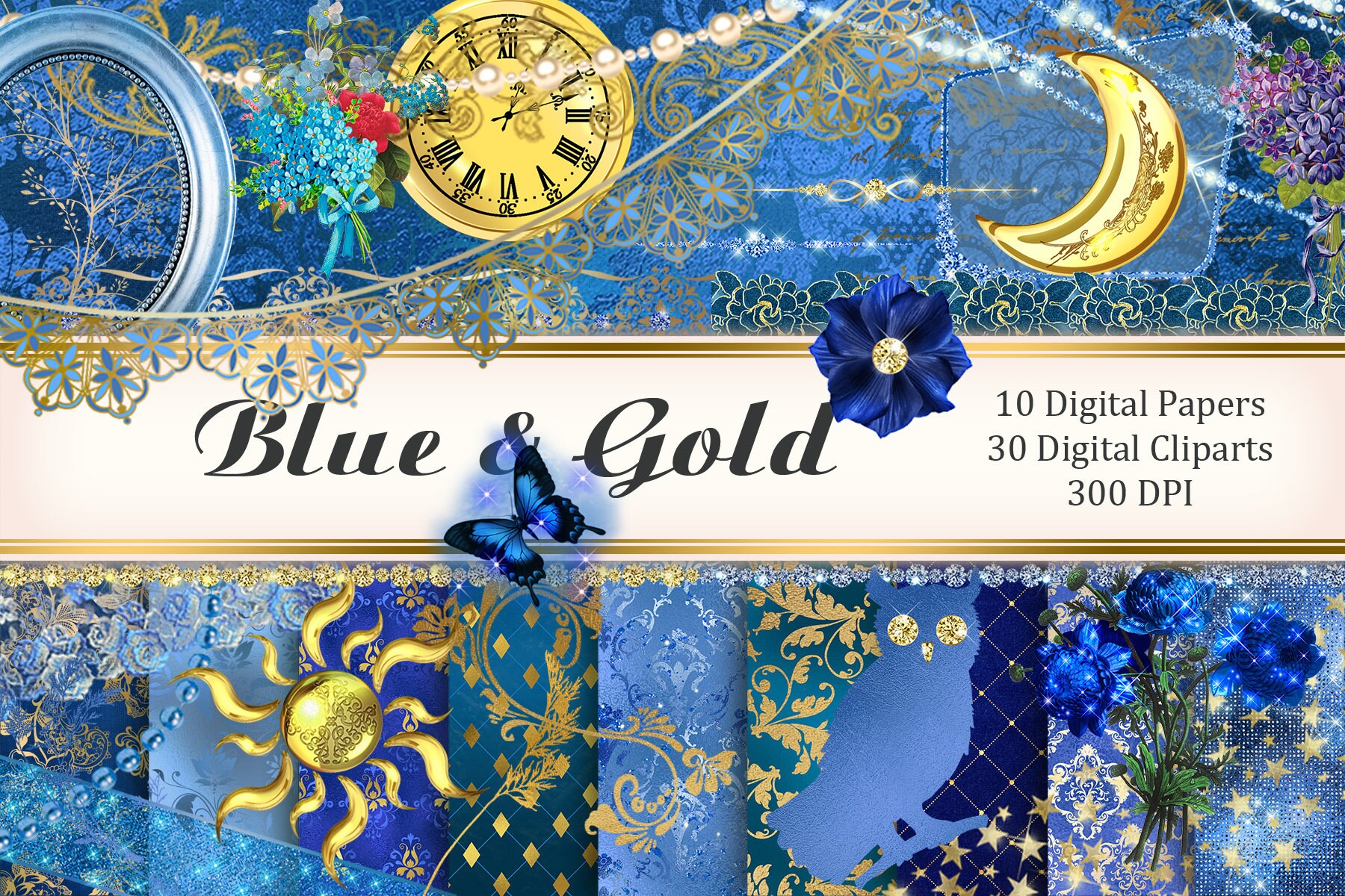 Digital Scrapbook Kit Blue&gold,gold Foil Textures Blue Gold Pearls ...