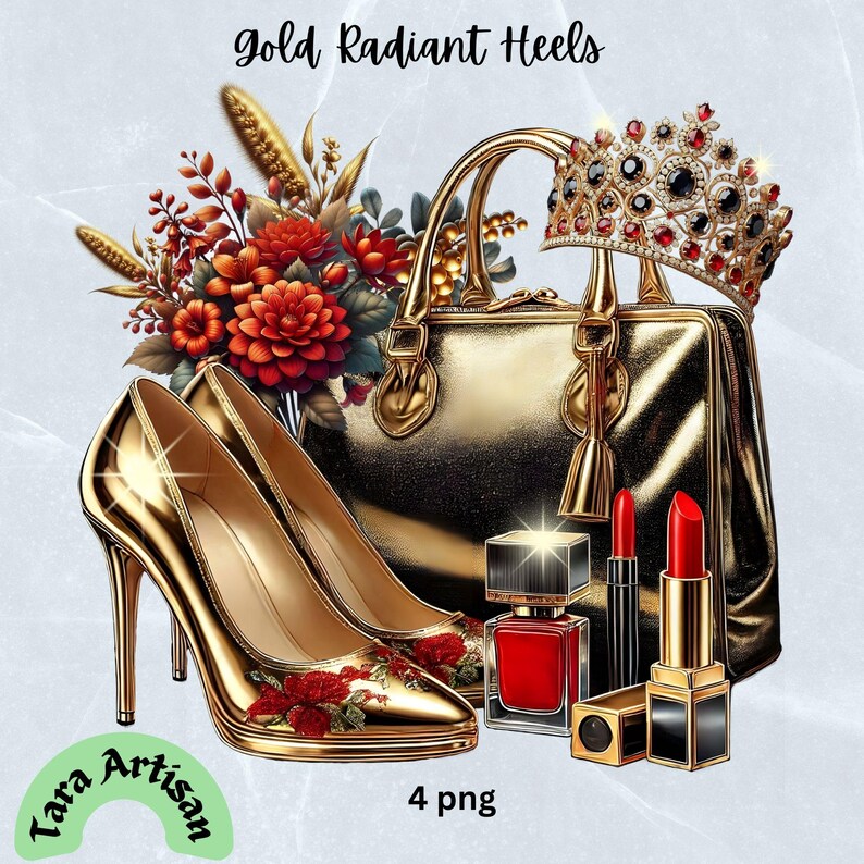 Gold Radiant Heels, Red Roses Clipart, Gold Heels Clipart, Fashion Art PNG, High Heels & Crown ...