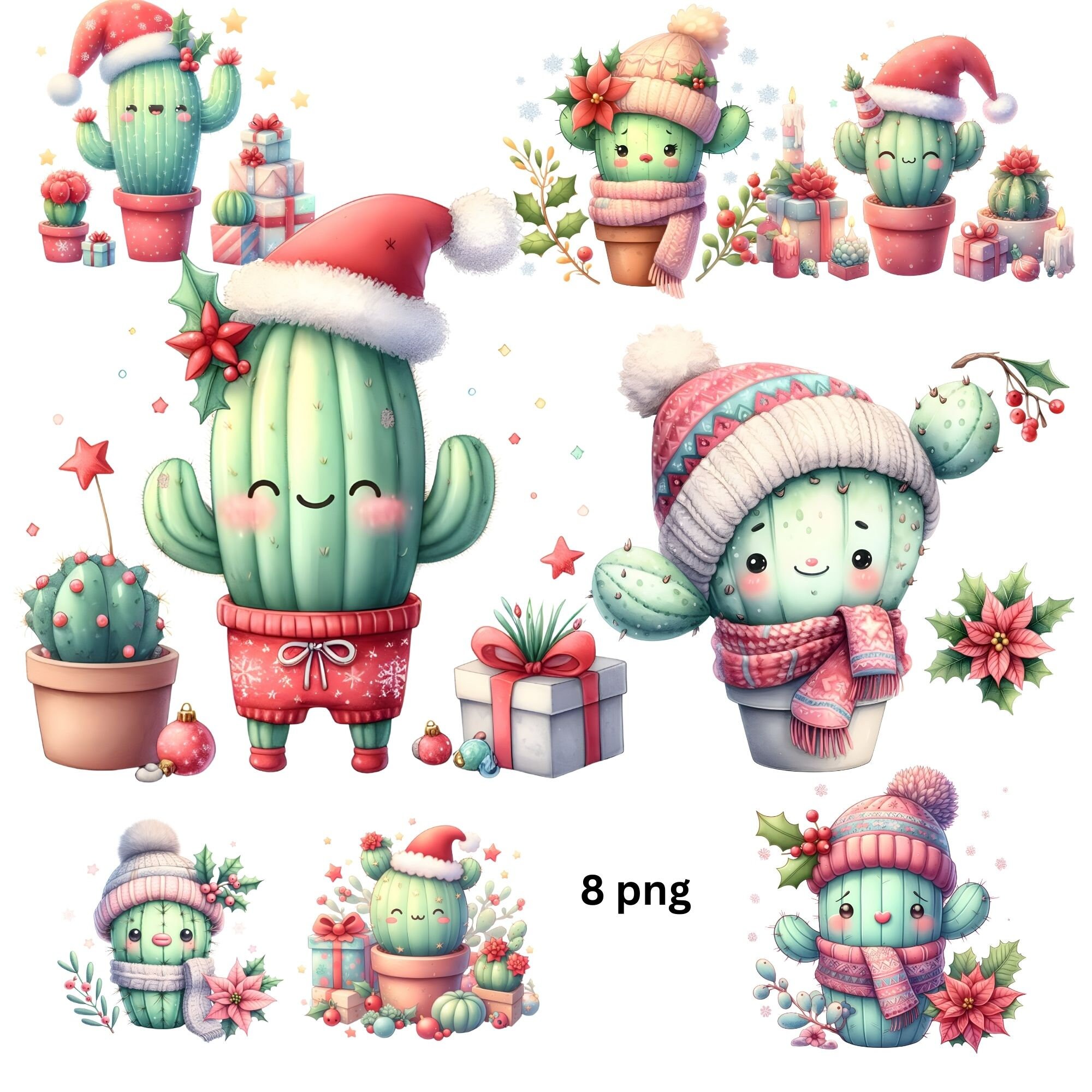 Christmas Cactus Kawaii PNG, Christmas Clipart,cactus Clipart,christmas ...