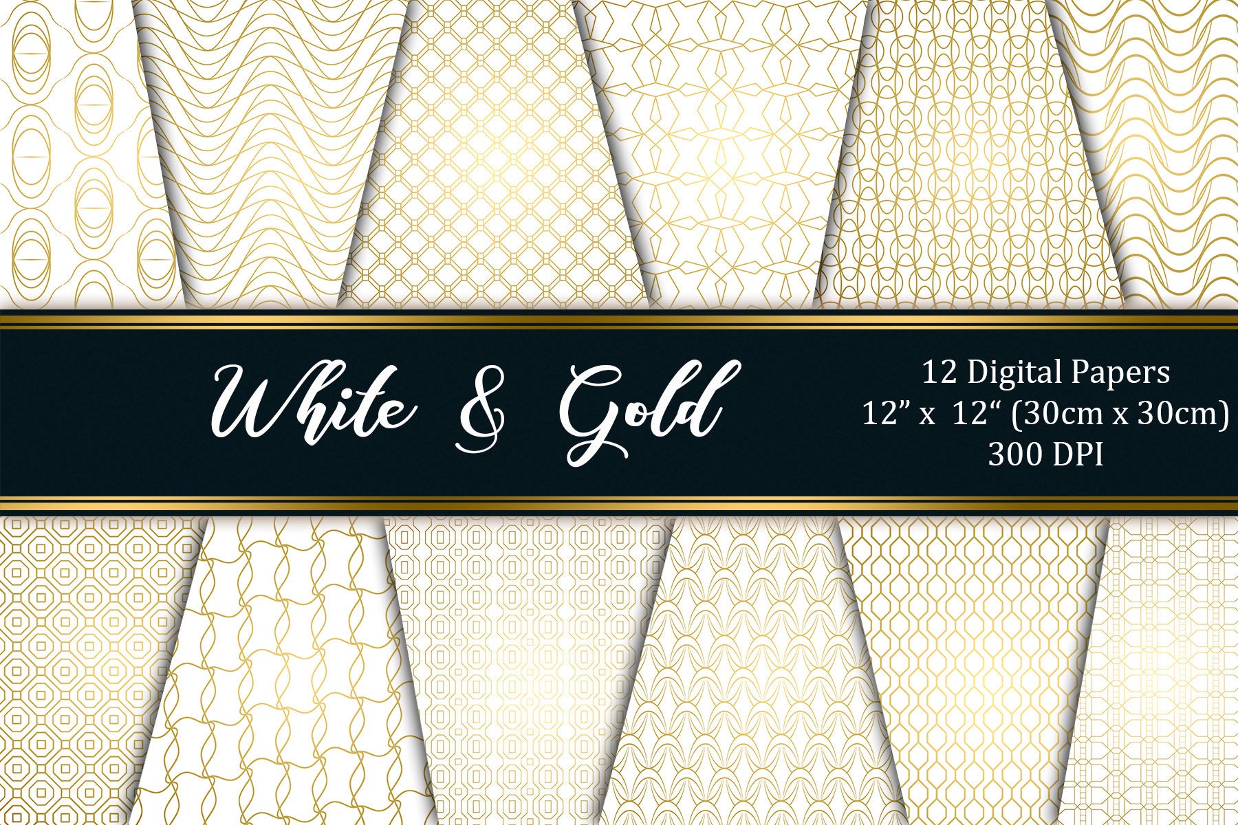 Digital Paper Pack White&gold,abstract Geometric Seamless Pattern,gold ...