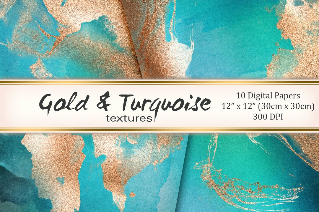 Digital Paper Pack GOLD & TURQUOISE Textures,watercolor Turquoise Gold ...