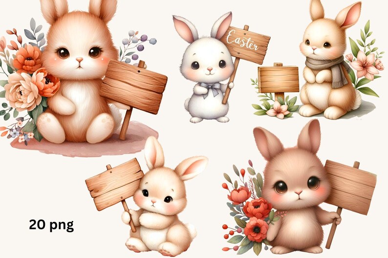 Cute BABY BUNNY Nurseryclipart, Easter Clipart,baby Bunny With Wooden ...