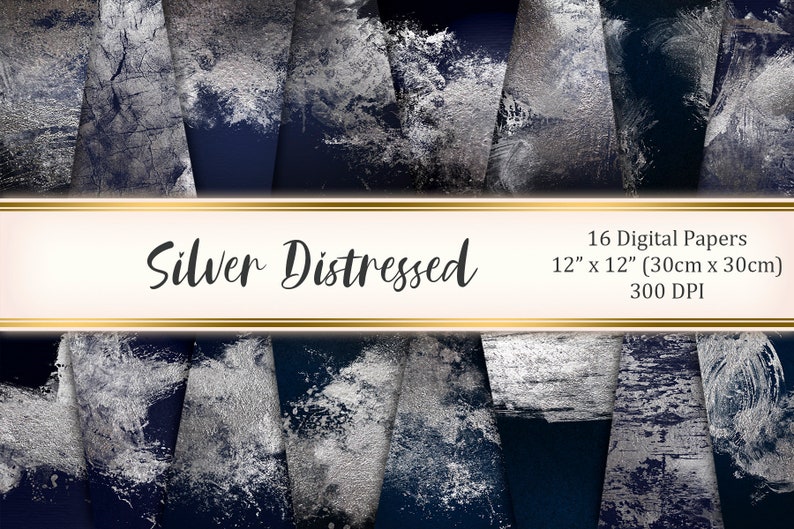 Digital Paper Pack SILVER Distressed,silver Blue Texture Background ...