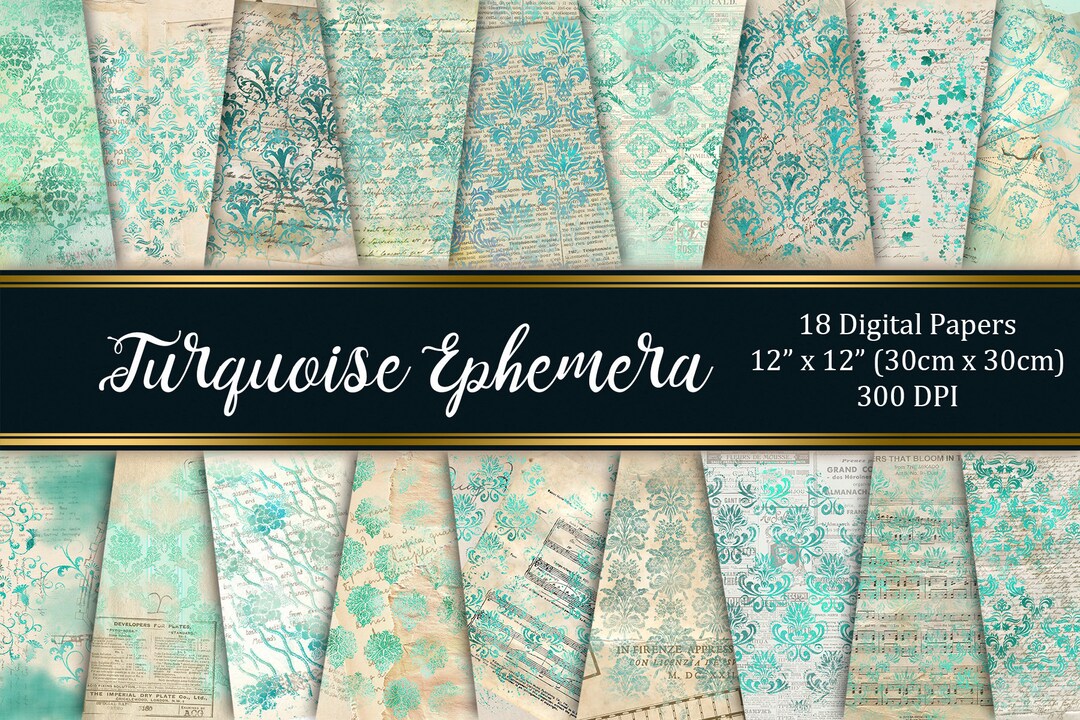 Digital Paper Pack TURQUOISE Ephemera,download Vintage Scrapbook Paper ...
