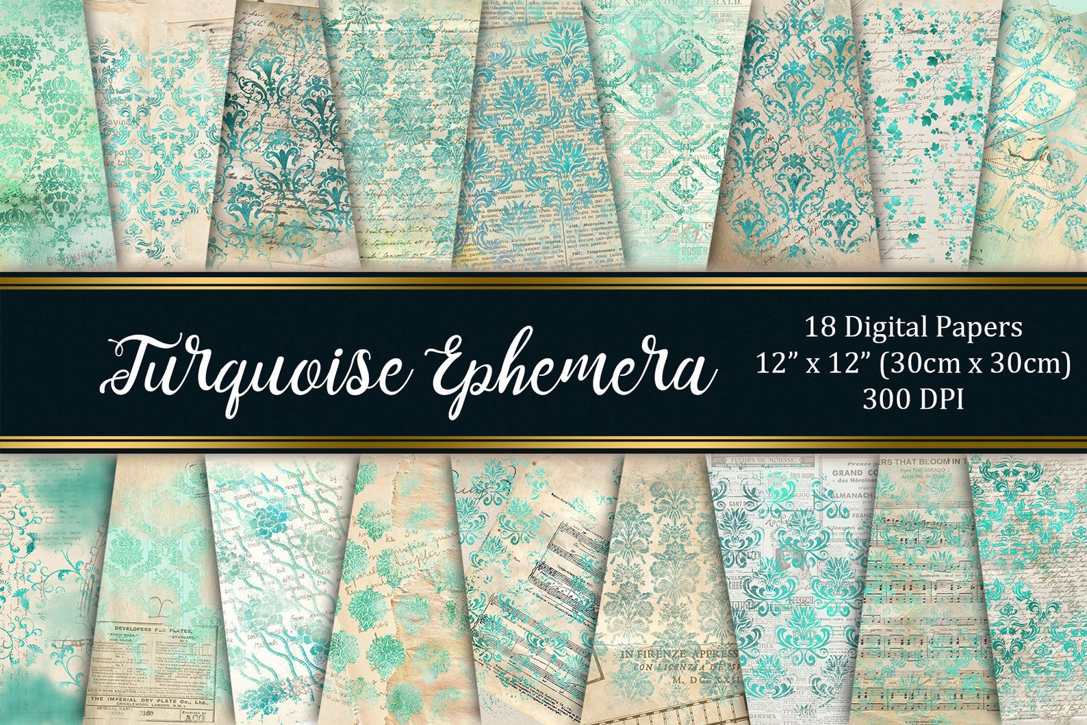 Digital Paper Pack TURQUOISE Ephemera,download Vintage Scrapbook Paper ...