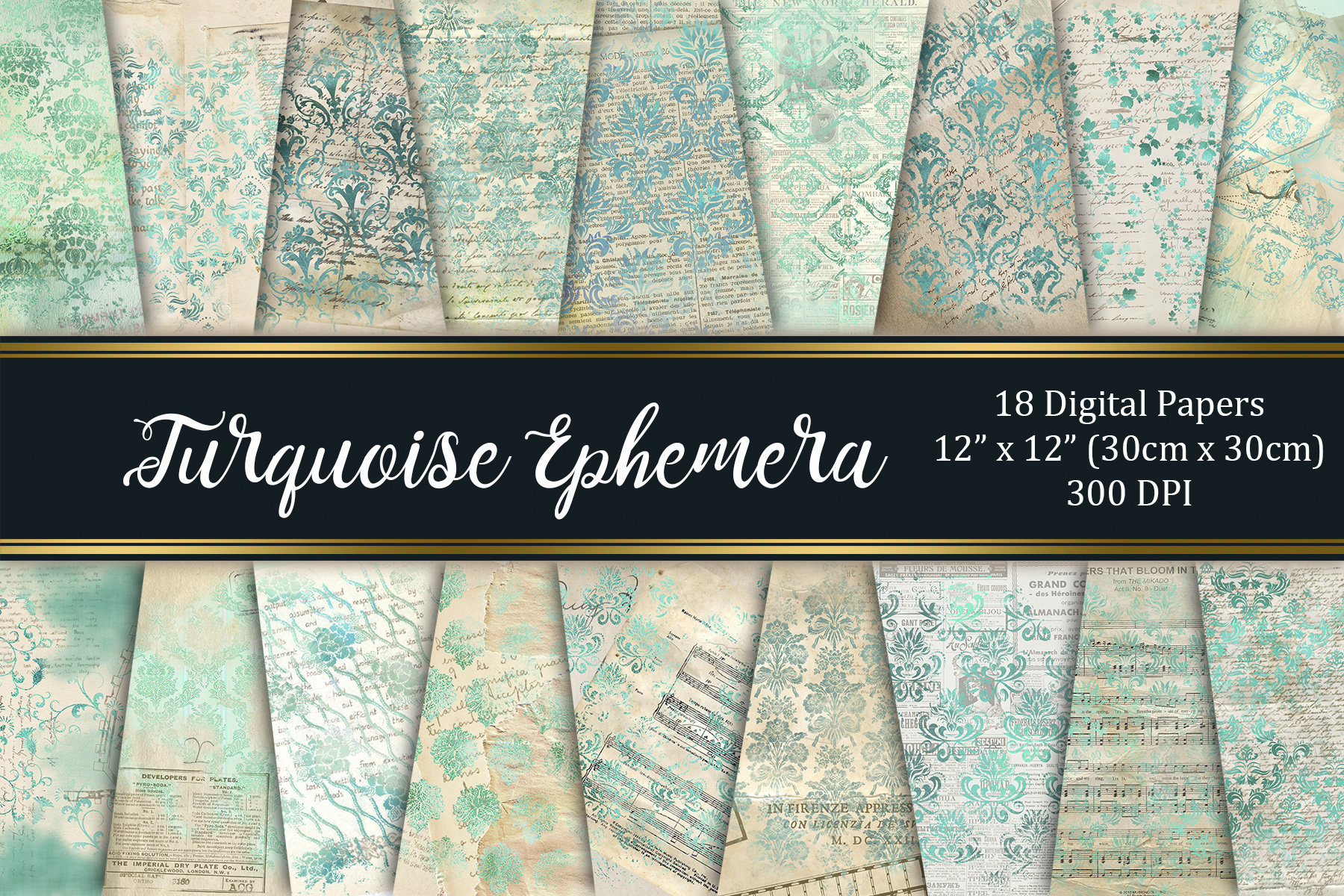 Digital Paper Pack TURQUOISE Ephemeradownload Vintage - Etsy