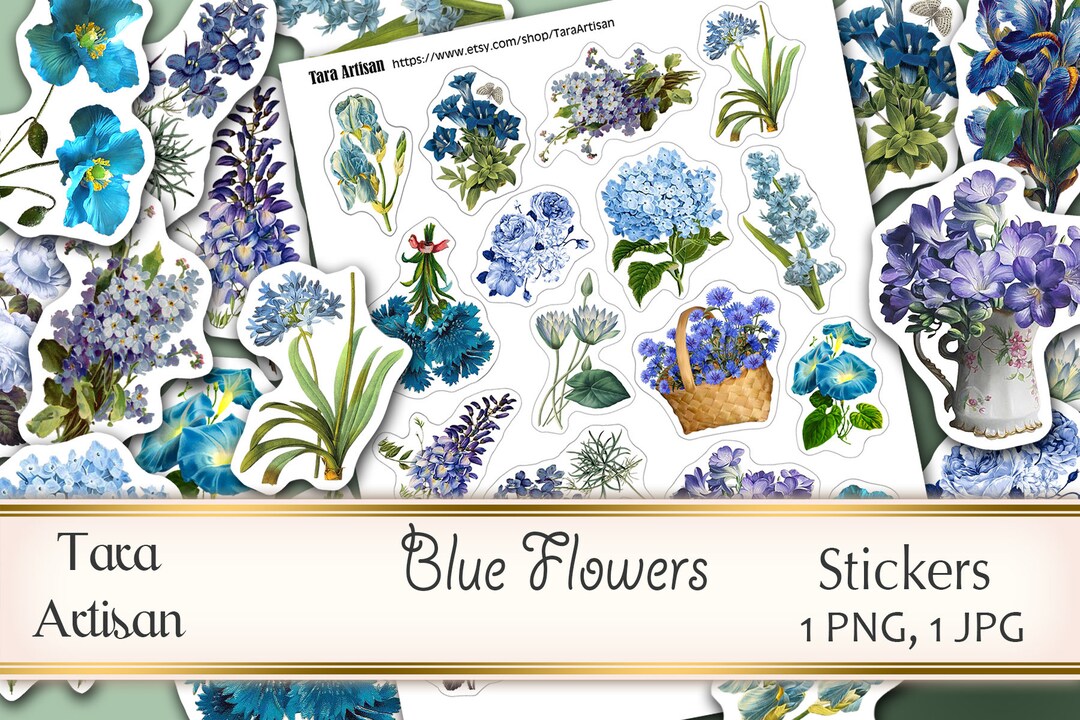 BLUE FLOWERS Stickers,digital Collage Printable Sheet,fussy Cut,floral ...