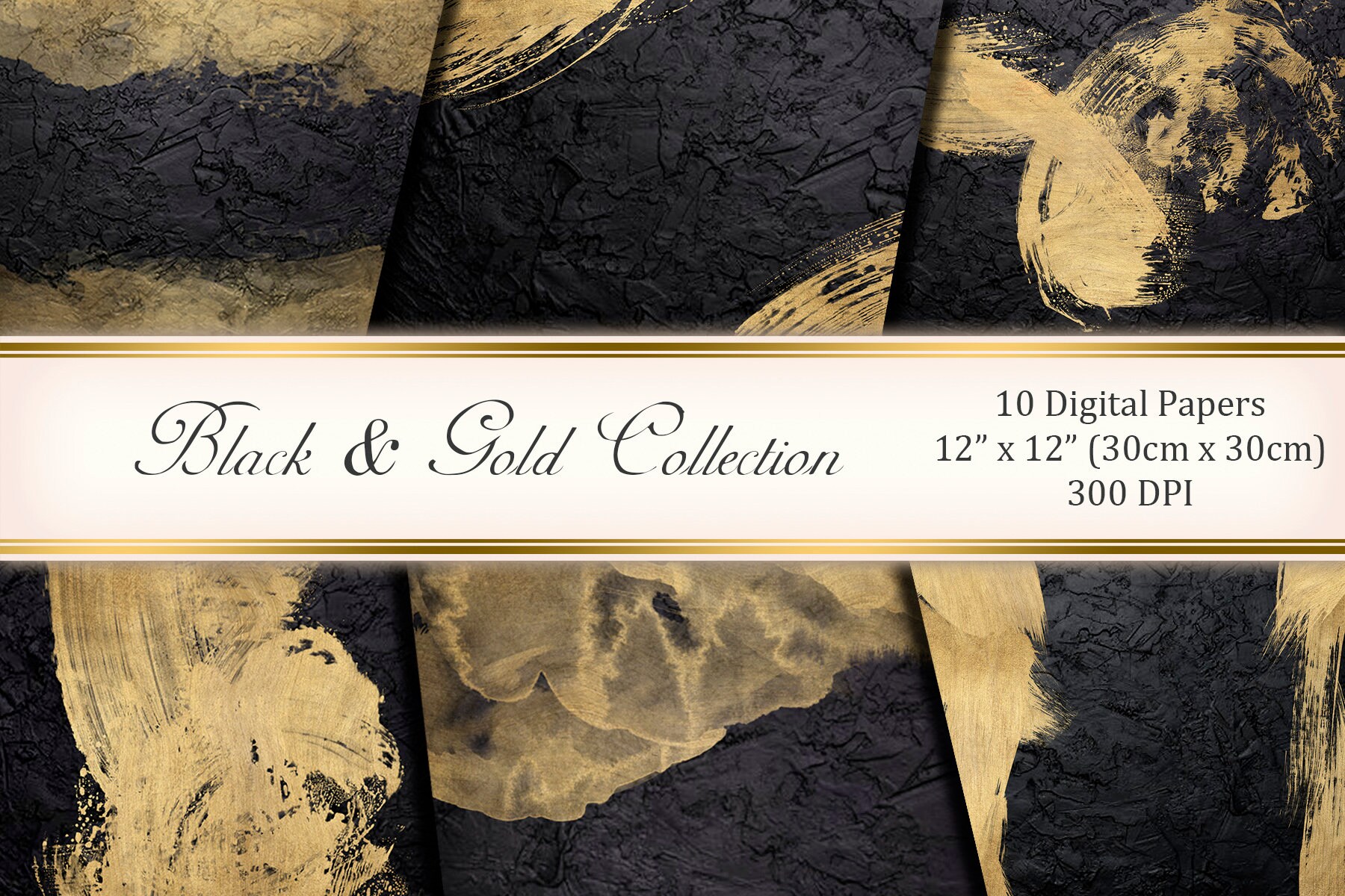 Digital Paper Pack BLACK & GOLD Collection,watercolor Black Gold ...
