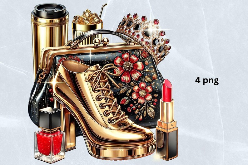 Gold Radiant Heels, Red Roses Clipart, Gold Heels Clipart, Fashion Art PNG, High Heels & Crown ...