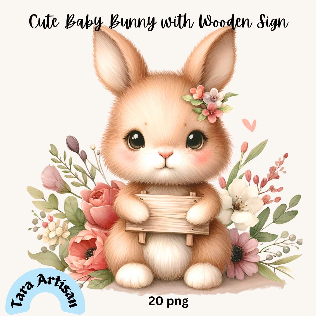 Cute BABY BUNNY Nurseryclipart, Easter Clipart,baby Bunny With Wooden ...