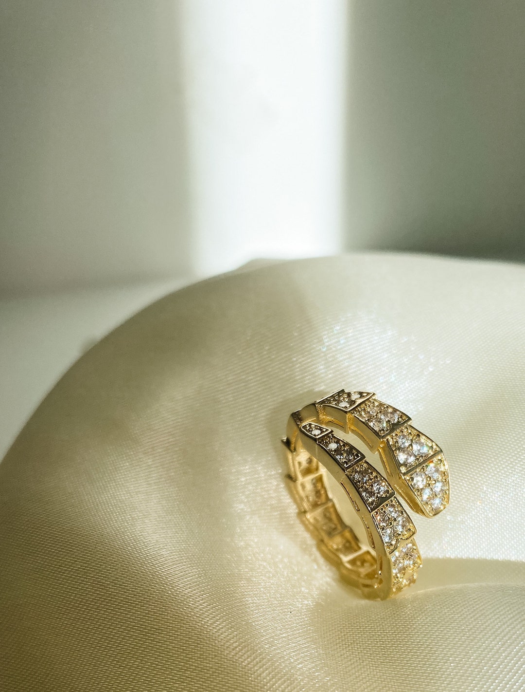 Gold Snake RING, Abstract Modern Wrap Cubic Zirconia Crystal Ring, Pave ...