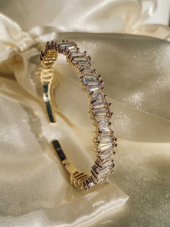 Gold Cubic Zirconia Baguette Crystal Bracelet Cuff Adjustable for Any Size Wrist Cuff Bracelet One Size Fits All Wedding or Casual Etsy