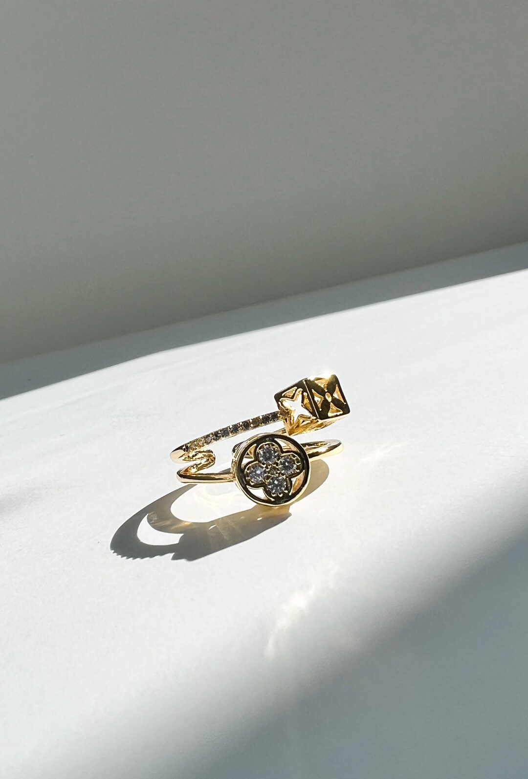 Open Gold Clover Cocktail Ring With Two Block Details, Clover Statement ...