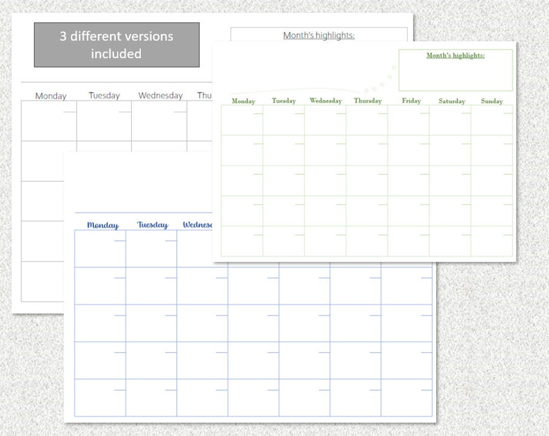 Blank Monthly Calendar Digital Download Printable Yearly - Etsy