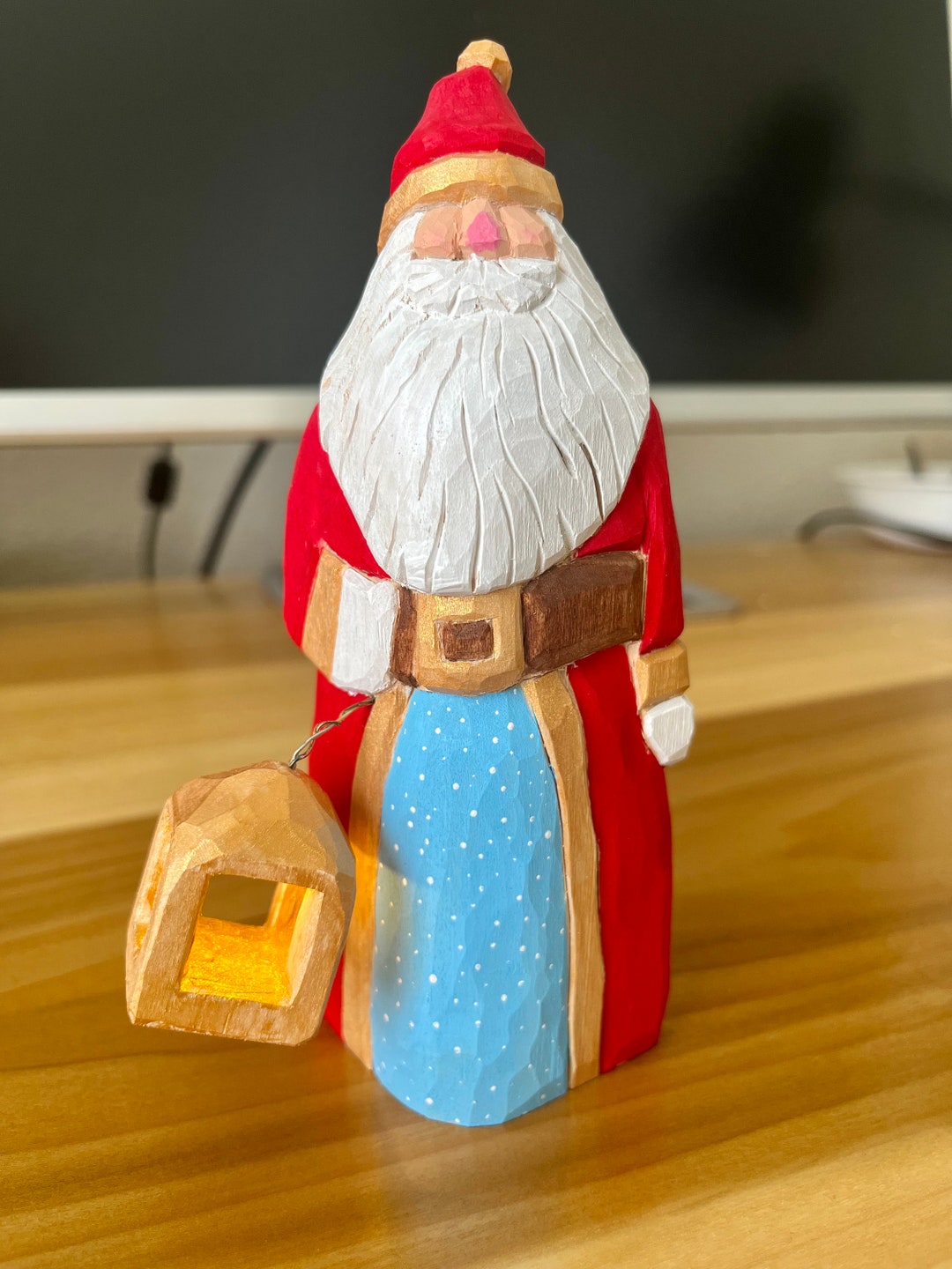 Hand Carved Santa Claus Figurine With Nano LED - Etsy