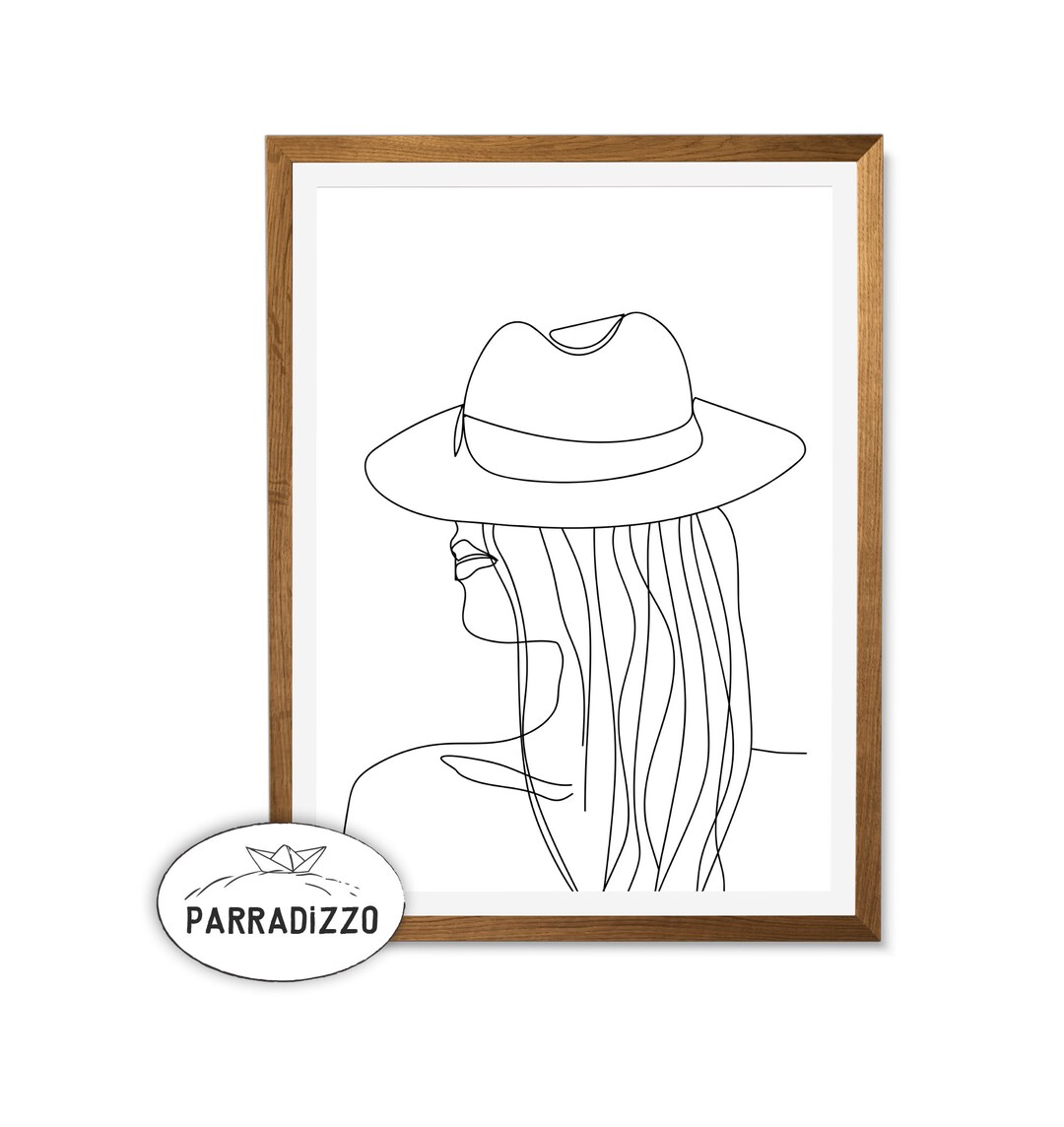 Woman Wearing Hat One Black Line Drawing Illustration, Woman Face ...