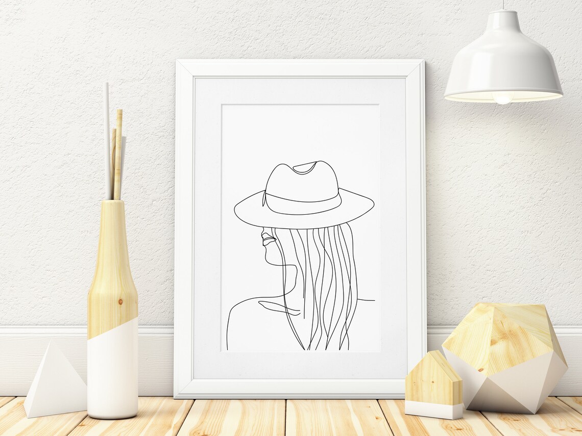 Woman Wearing Hat One Black Line Drawing Illustration, Woman Face ...