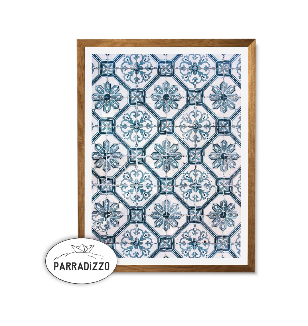 Blue Moroccan Mosaic Digital Print, Oriental Tiles Wall Art, Boho Home ...