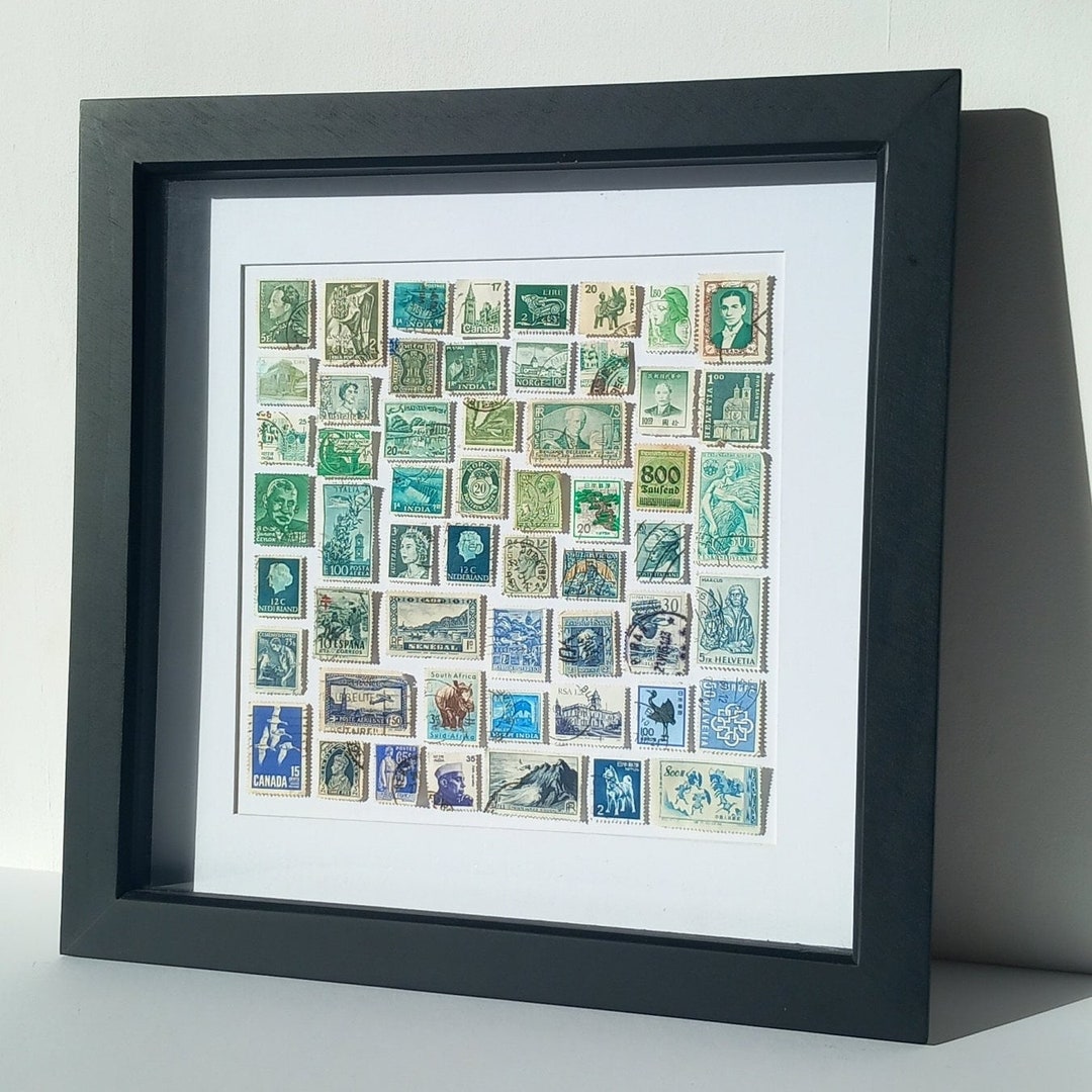 Framed Green & Blue Postage Stap Wall Art - Etsy